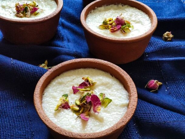 Easy recipe of Indian rice pudding-Phirni. Egg-free and no bake dessert.