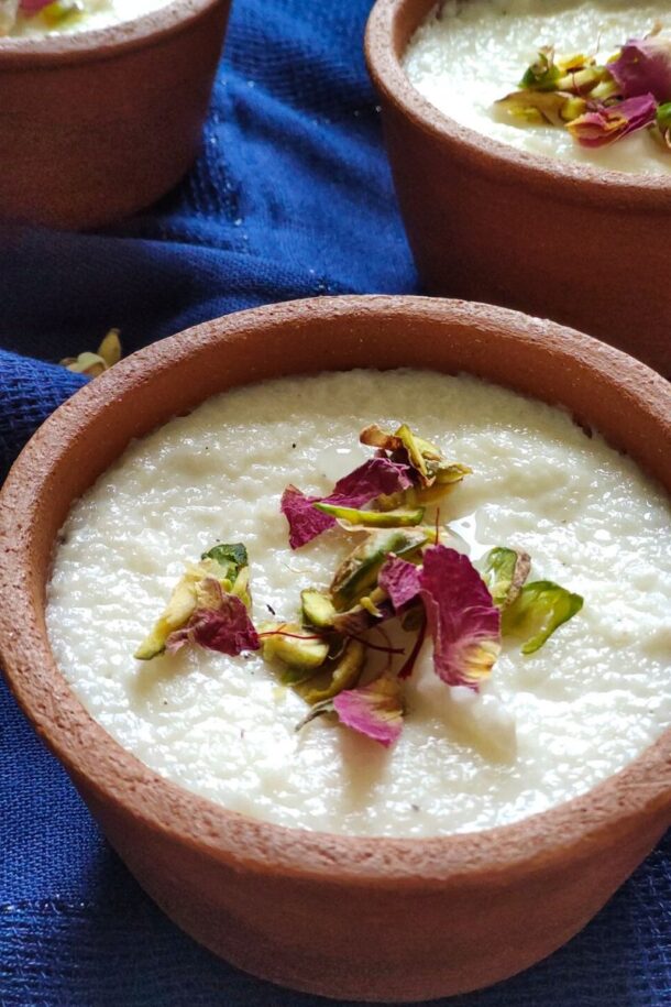 Easy recipe of Indian rice pudding-Phirni. Egg-free and no bake dessert.